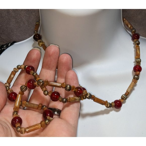 Jewelry | Vintage Red And Tan Beaded Necklace | Poshmark